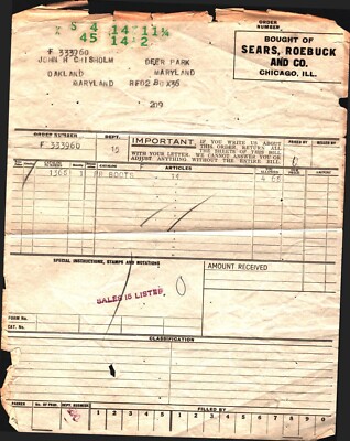 Antique Sears Roebuck Boots Customer Receipt Invoice Record Early 1900s ...