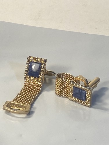 Vintage Retro Gold Tone Blue Stone Square Mesh Wrap Around Cufflinks | eBay
