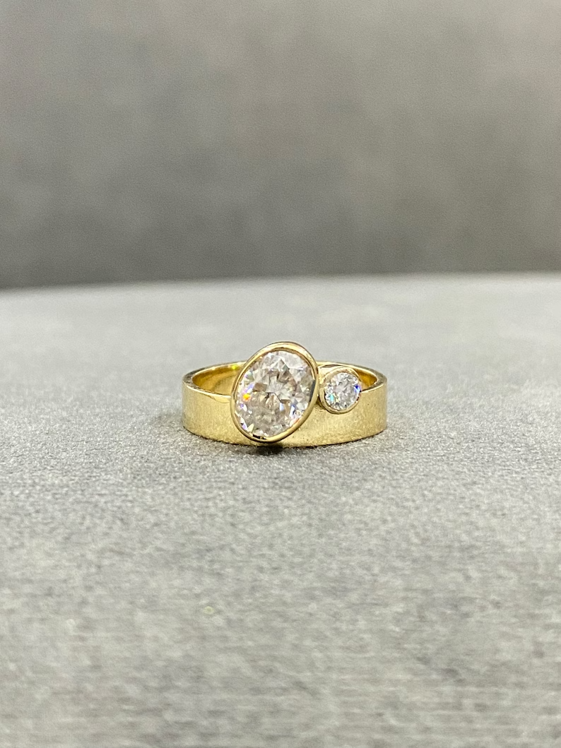 Wide Band Oval and Round Cut Bezel Set Engagement Ring 2 Stone Wedding ...