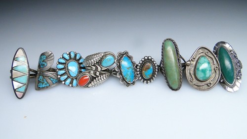 9 Vintage Sterling Turquoise Rings Inlaid Stones Large Silver Ring Lot ...
