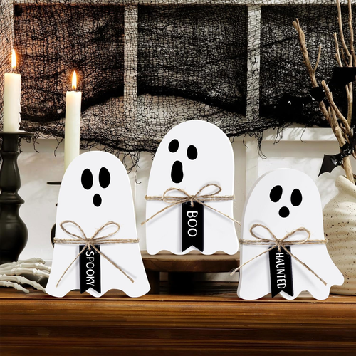 Cute Ghost Halloween Wooden Signs Table Decor, White Ghost Halloween ...