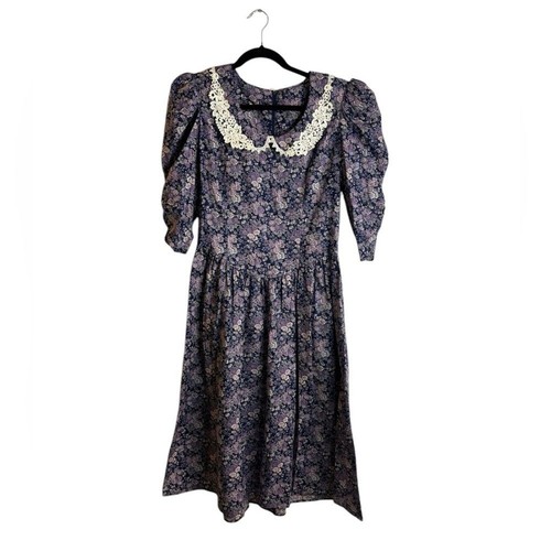 Gunne Sax 1980s Prairie Cottagecore Purple Floral Lace Collar Midi ...