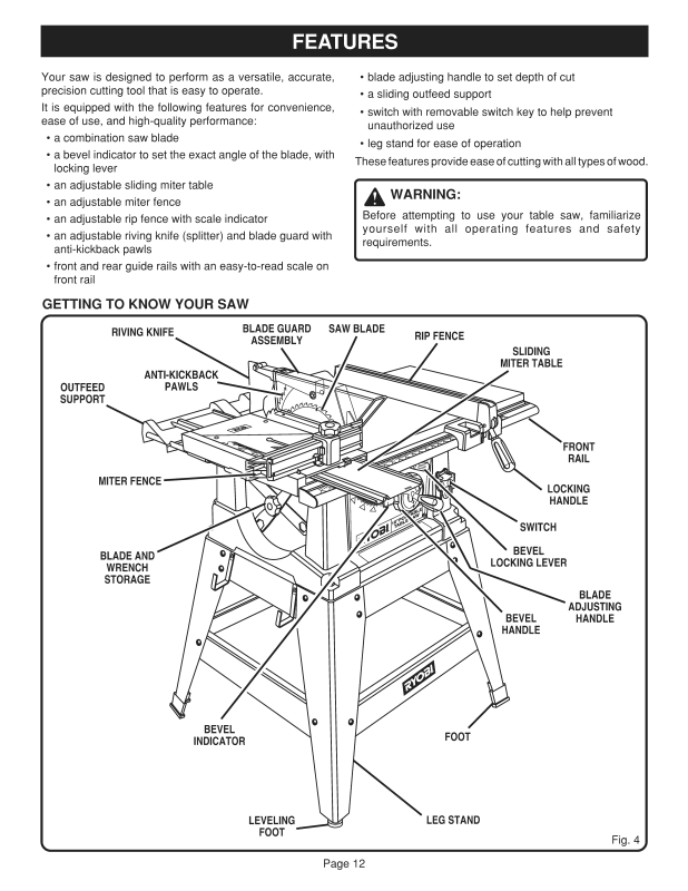 Ryobi 10" BTS15 Circular Table Saw Owner's, Operator's and Parts Manual ...