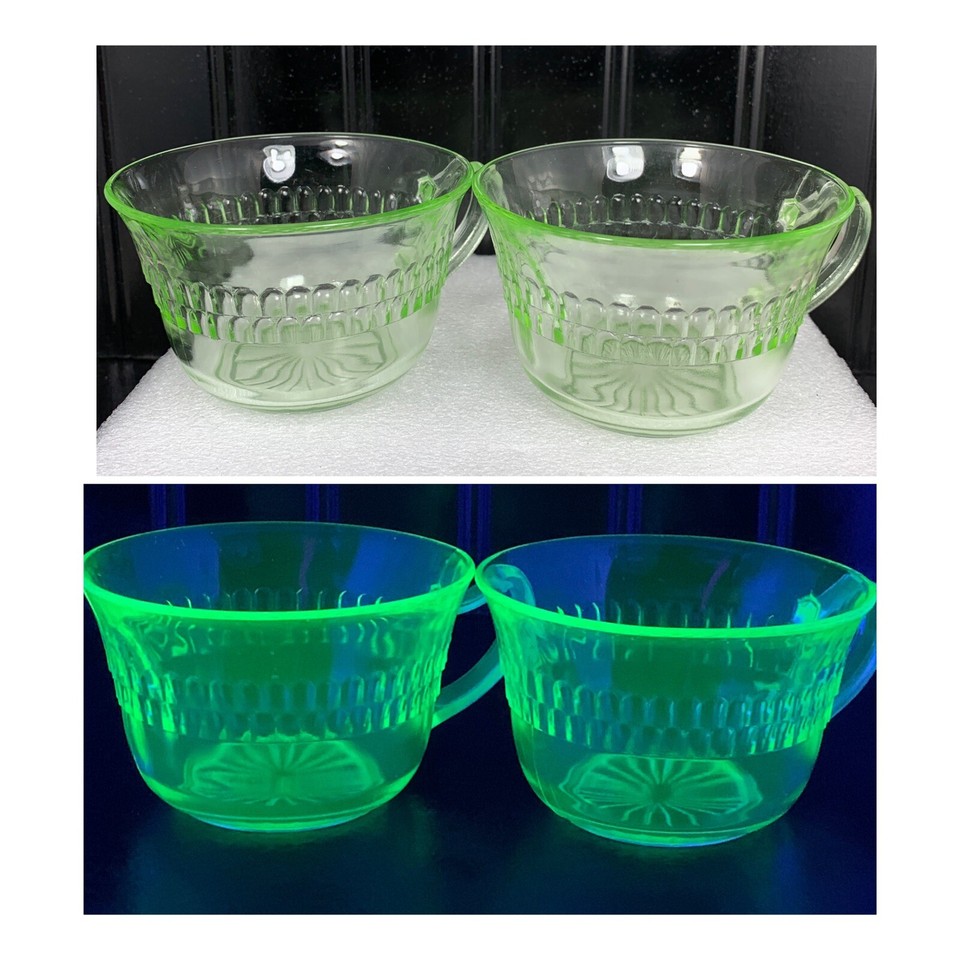 Green Depression Glass Roulette Tea Coffee Cups Uranium Glow Qty 2 Vtg ...