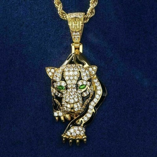 2Ct Lab Created Diamond Round Tiger Animal Charm Pendant 14K Yellow ...