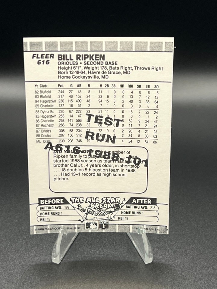 Bill Ripken FF Test Run Card 1989 Fleer #616 Orioles Error Card F Face ...