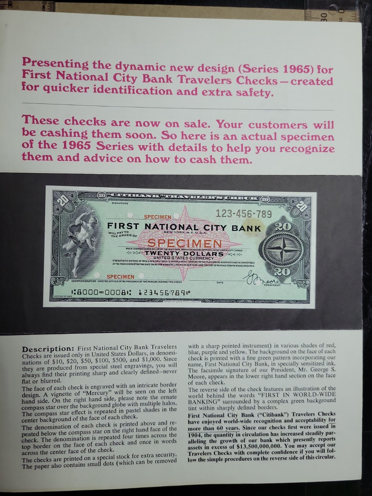 🇺🇸 US First National City Bank 20 dollars Travelers Cheque SPECIMEN ...