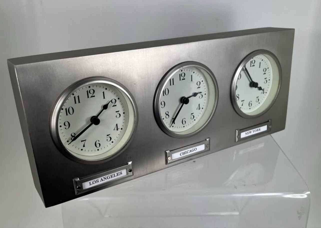 Vintage Pottery Barn Nickel Around the World 3 Timezone / City Clock | eBay