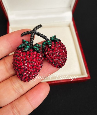 Weiss Pin Brooch Vintage Rhinestone Crystal Red Double Strawberry Fruit ...