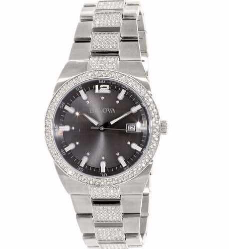 $450 Bulova Men's Quartz Crystal Accents Gray Dial Silver Tone 43mm ...