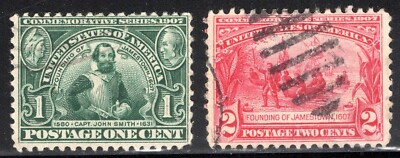US Stamp Scott #328 & 329, 1c & 2c, Jamestown Exposition, Used, SCV$8. ...