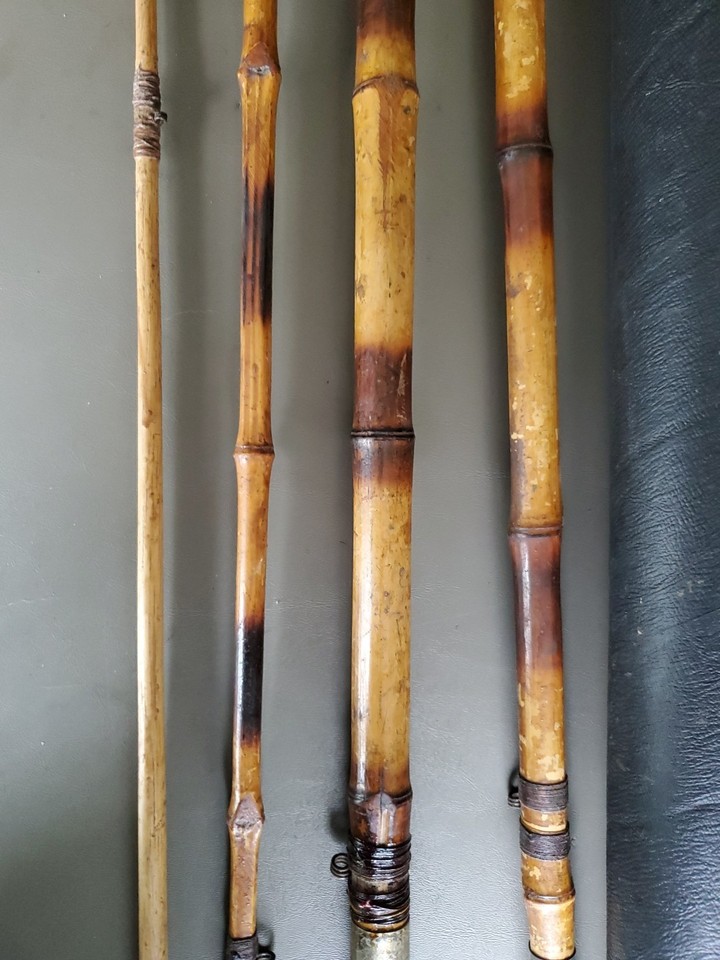 Vintage Bamboo Cane Pole Fishing Rod 4 Piece 12Ft with Eyelets and Wood ...