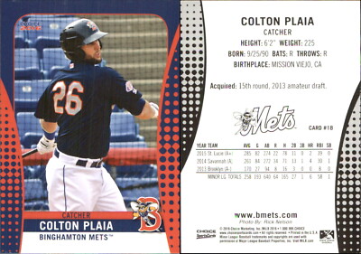 Colton Plaia 2016 Choice Binghamton Mets #18 RC Card FREE SHIP ...