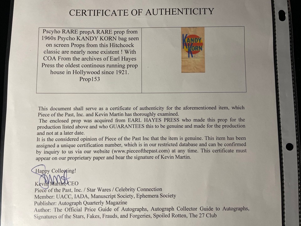 PSYCHO MOVIE PROP 1960 ORIGINAL Prop KANDY KORNHorror Props Alfred ...
