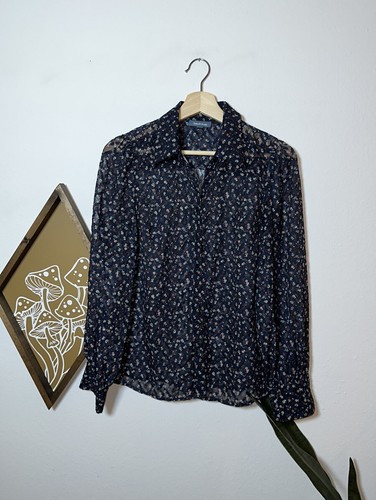 ModCloth Blue Sheer Floral Long Sleeve Button Down Blouse Sz. XS | eBay