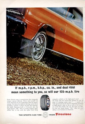 1966 Firestone PRINT AD Super Sports "500" 125 m.p.h. Tires on Orange ...