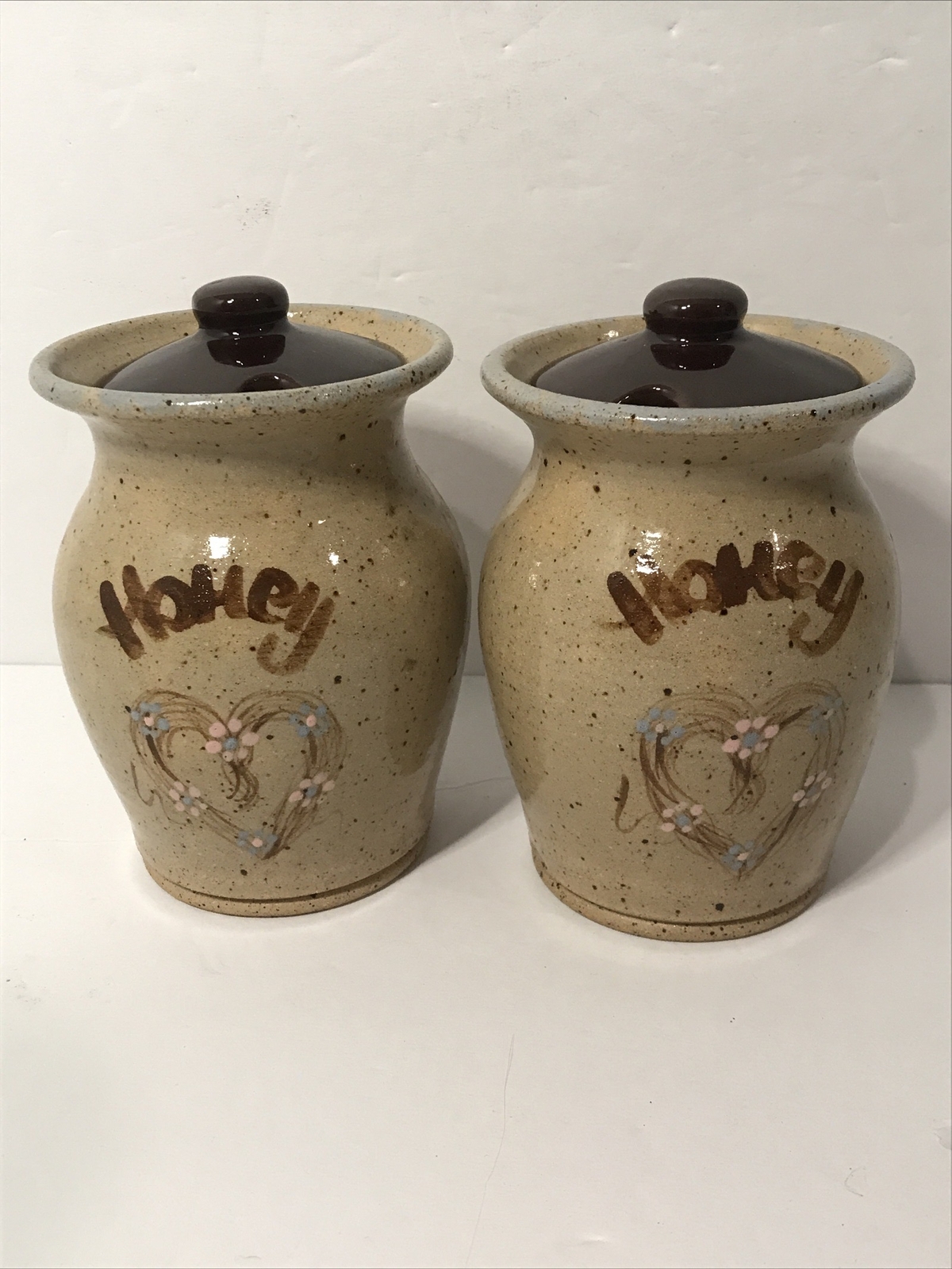 Three Rivers Pottery Honey Jar 5" Tall Heart Flowers Beige Speckled (x2 ...