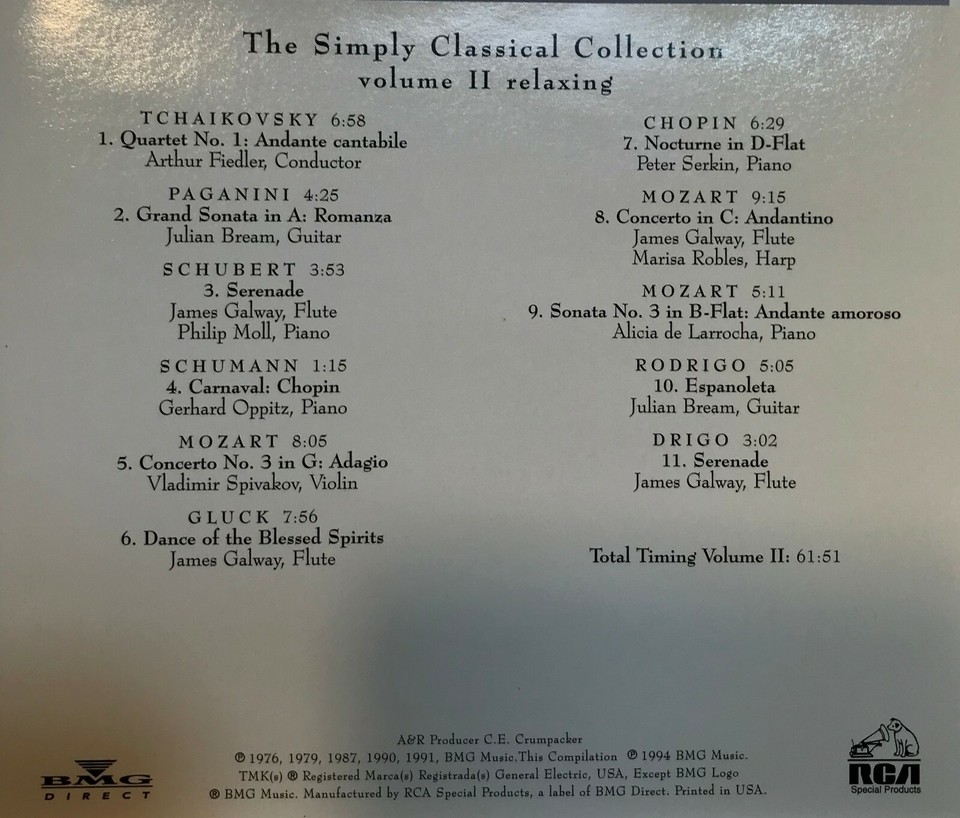 The Simply Classical Collection Volume ll Relaxing (CD 1994 RCA BMG ...