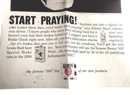 Vintage Bowes Seal Fast Brake Fluid Poster Shop Ad Johnny Boyd 28"x19.5 ...