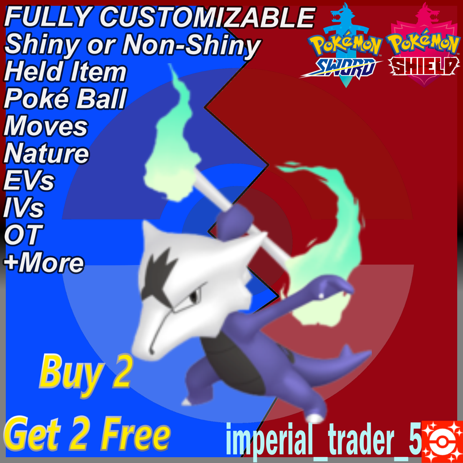 Pokémon Sword and Shield Shiny Alolan Marowak W/ Best 6IV Customizable ...