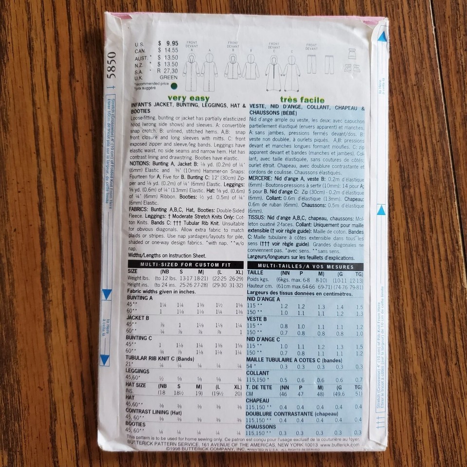 Vintage 90s Butterick Pattern 5850 Uncut Infant Jacket Bunting Leggings ...