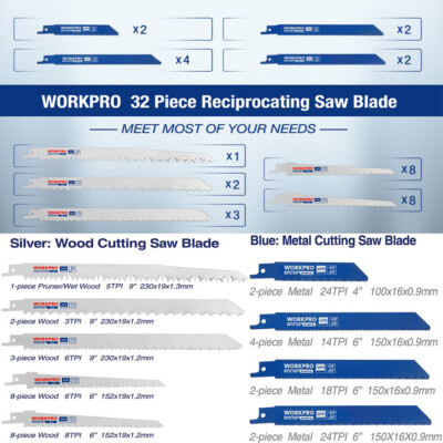 WORKPRO 32 PIECES Reciprocating Saw Blade Sets Wood Cutting Pruning Saw ...