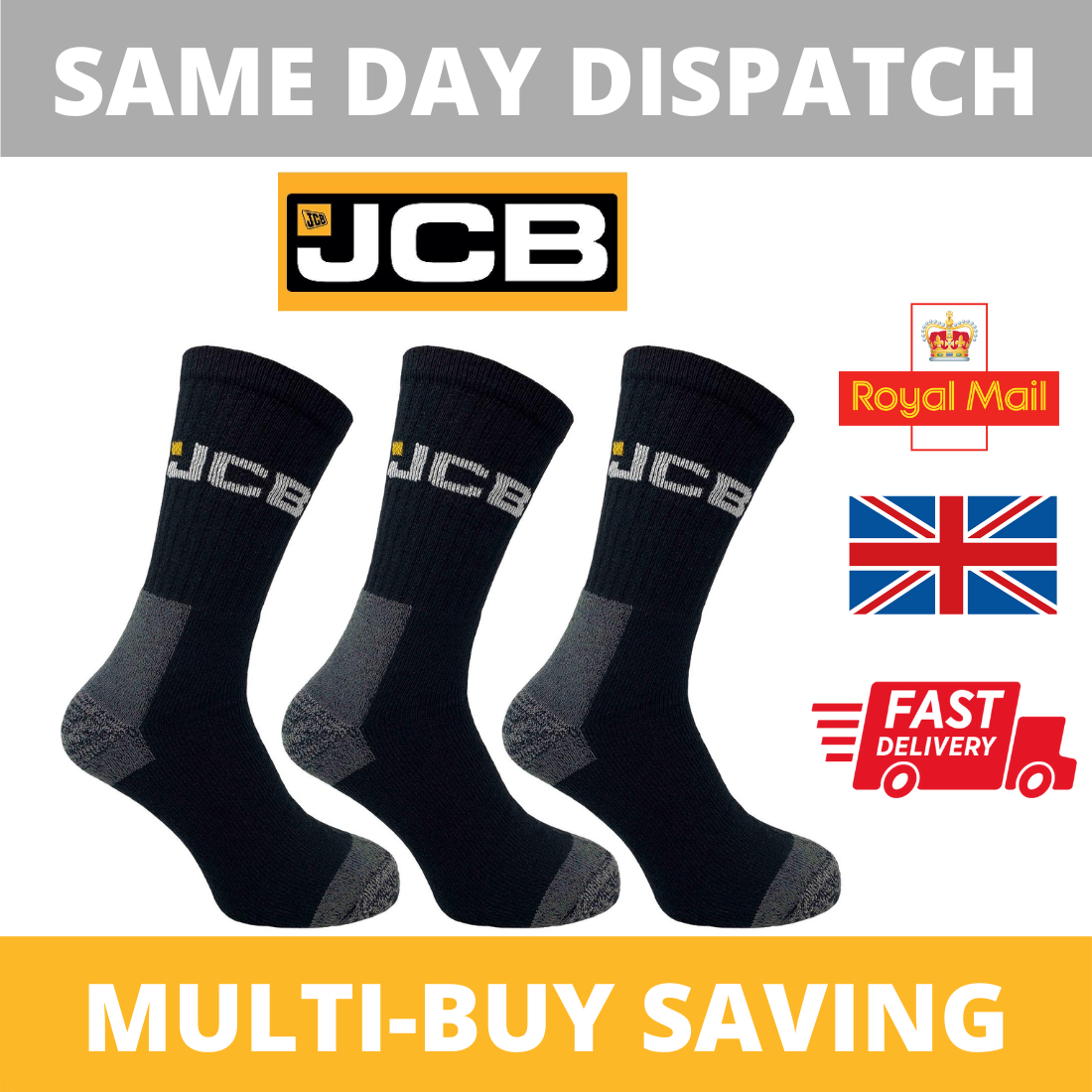 JCB Black Work Socks Mens - 3 Pair Thick Heavy Duty Warm Cushion ...