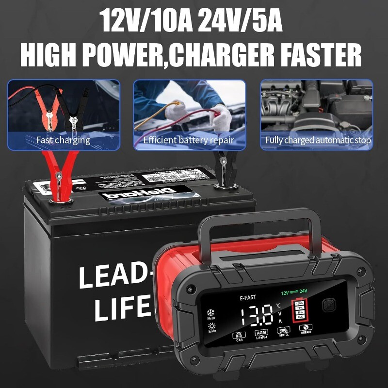 Smart 10A Car Battery Charger – Auto Detect 12V & 24V for Cars & Trucks ...