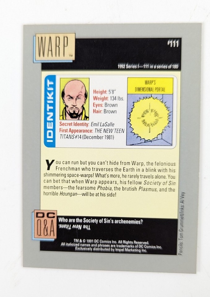 1992 Series 1 DC Comics WARP #111 Earth's Mightiest Villains | eBay