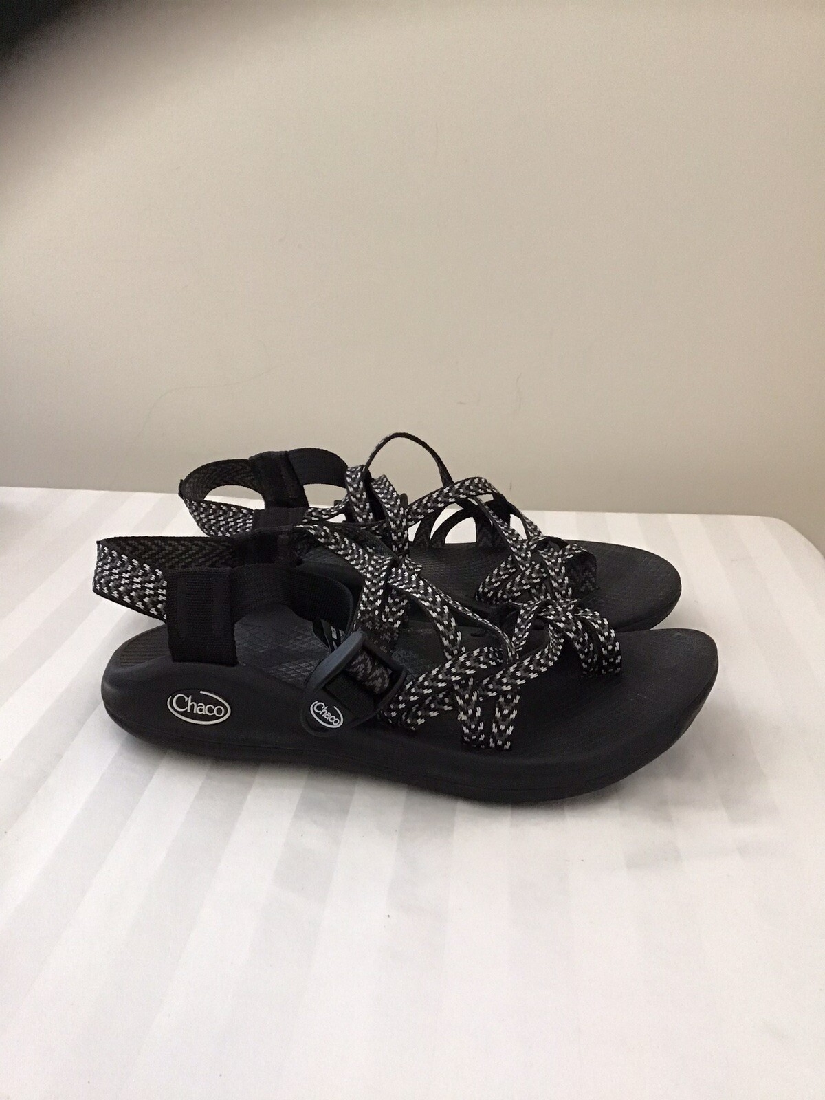 Chaco ZX2 black, white, and gray pattern double strap sandals, size 7 ...