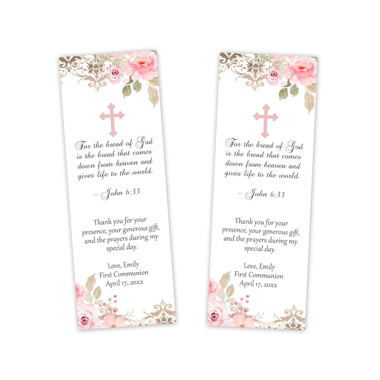 30 Girl First Holy Communion Bookmarks Favor, Floral Pink Name ...