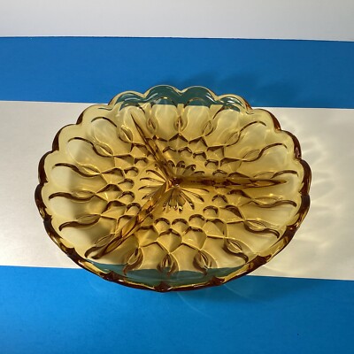 Indiana Amber Glass Serving Dish 3 Way Divided Plate Scalloped Edge ...