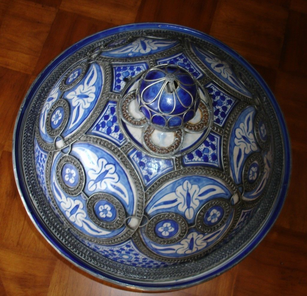 Antique Moroccan Fez Ceramic Tajine w/Nickel Silver Filigree 16.5 ...