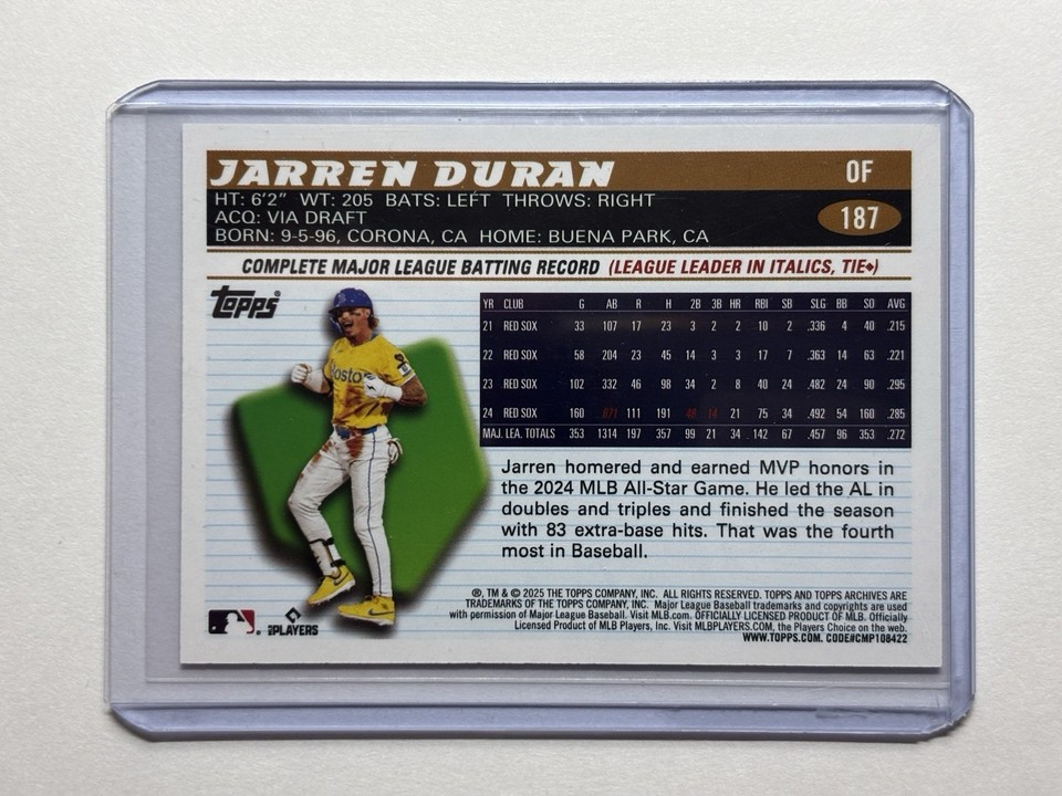 2025 Topps Archives JARREN DURAN Blue Foil /25 #187 Boston Red Sox | eBay