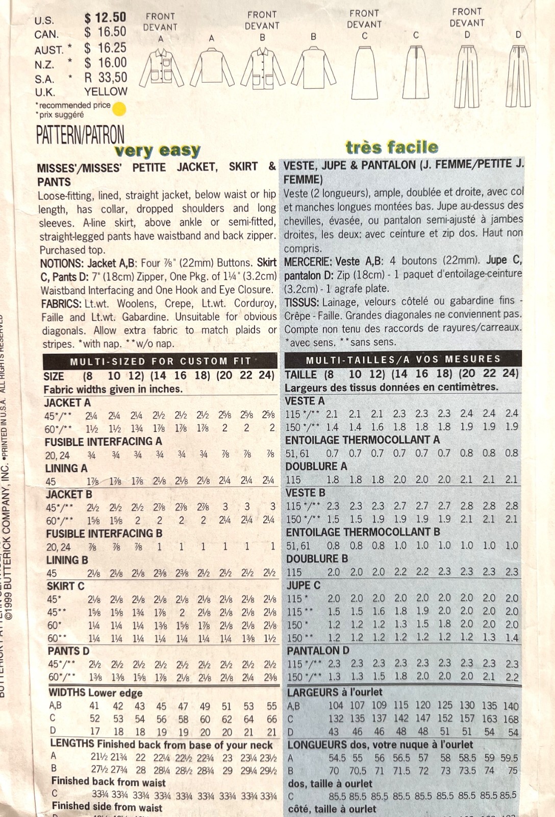 1990's Butterick Misses' Jacket,Skirt,Pants Pattern 6339 Size 8-12 ...