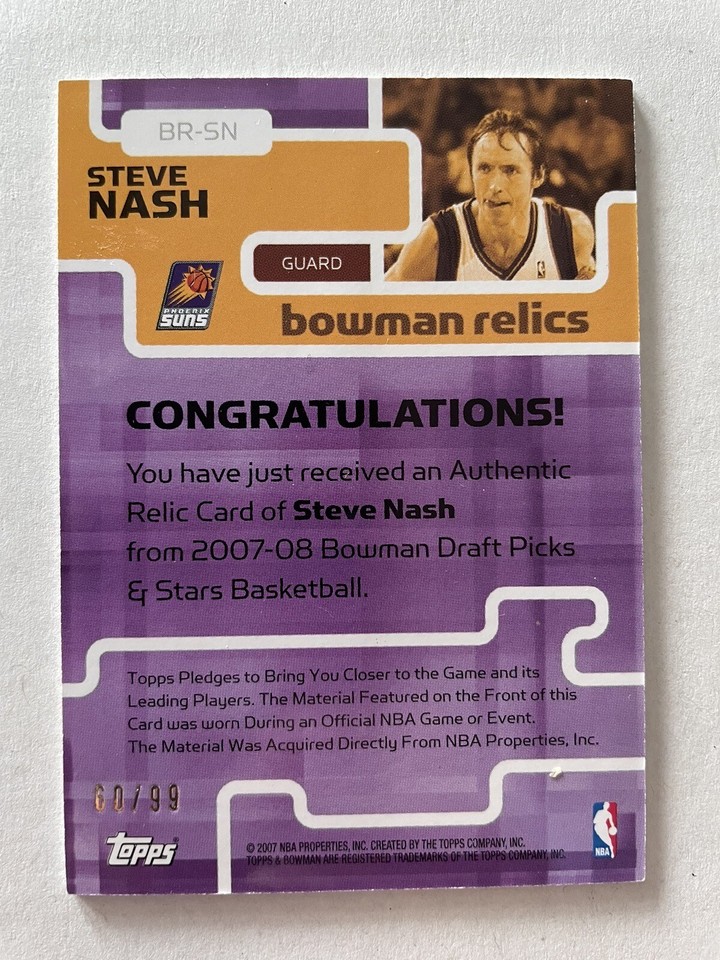 Steve Nash 2007-08 Bowman Draft Picks & Stars Triple Game Used Jersey ...