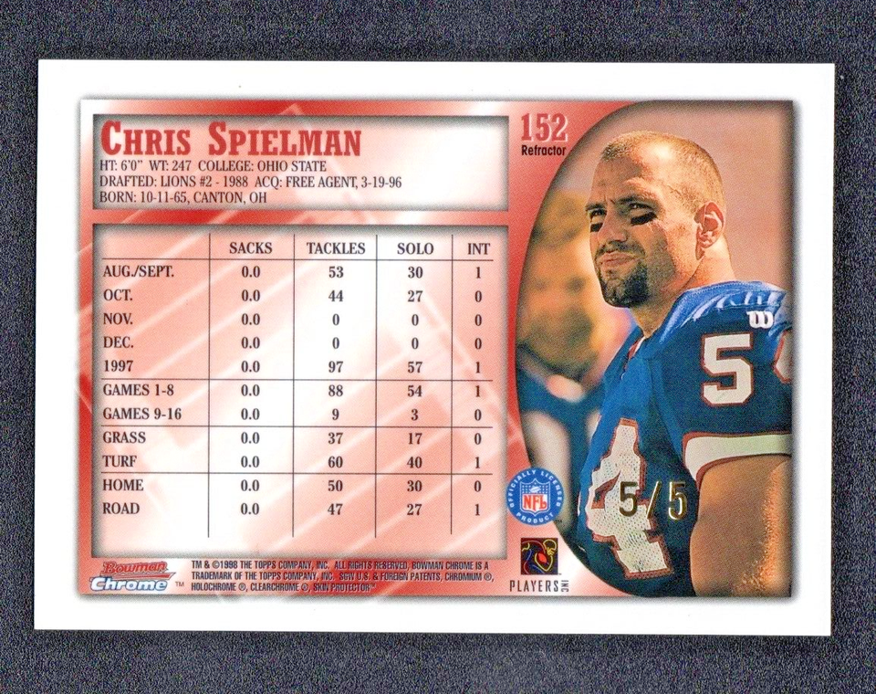 Chris Spielman Bills 1998 Bowman Chrome 50th Anniversary Refractor #152 ...