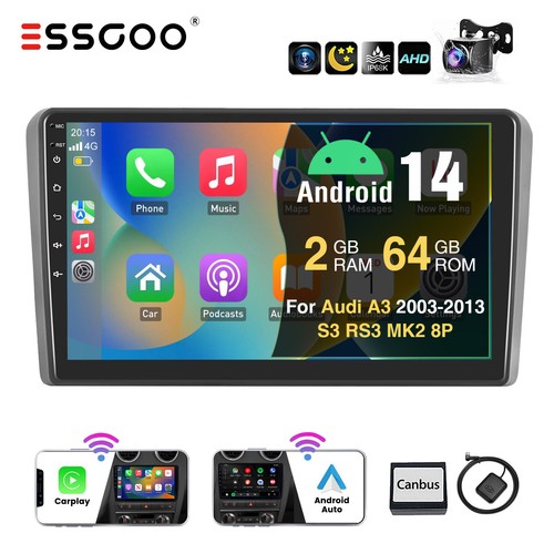 64G Android 14 Car Stereo Apple Carplay GPS BT Camera For Audi A3 S3 ...