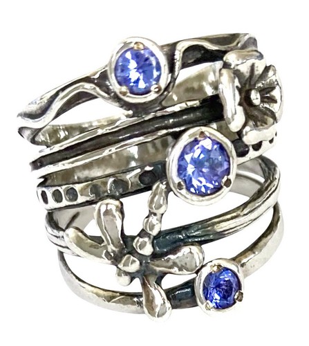 OR PAZ ISRAEL Sterling Silver DRAGONFLY & FLOWER TANZANITE Tall Ring ...