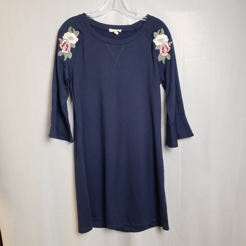 COMO BLU Embroidered Shift Dress Womens Medium Navy Knee Length ¾ ...