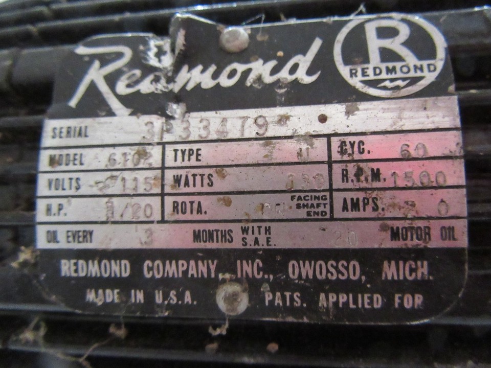 Vintage Redmond Electric Motor #6102 1/20 HP 130 Watts Type U RPM 1500 ...