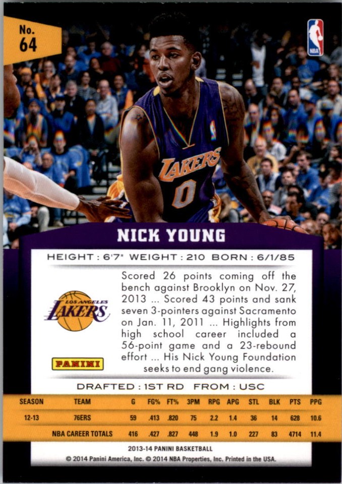 2013-14 Panini Los Angeles Lakers Basketball Card #64 Nick Young | eBay