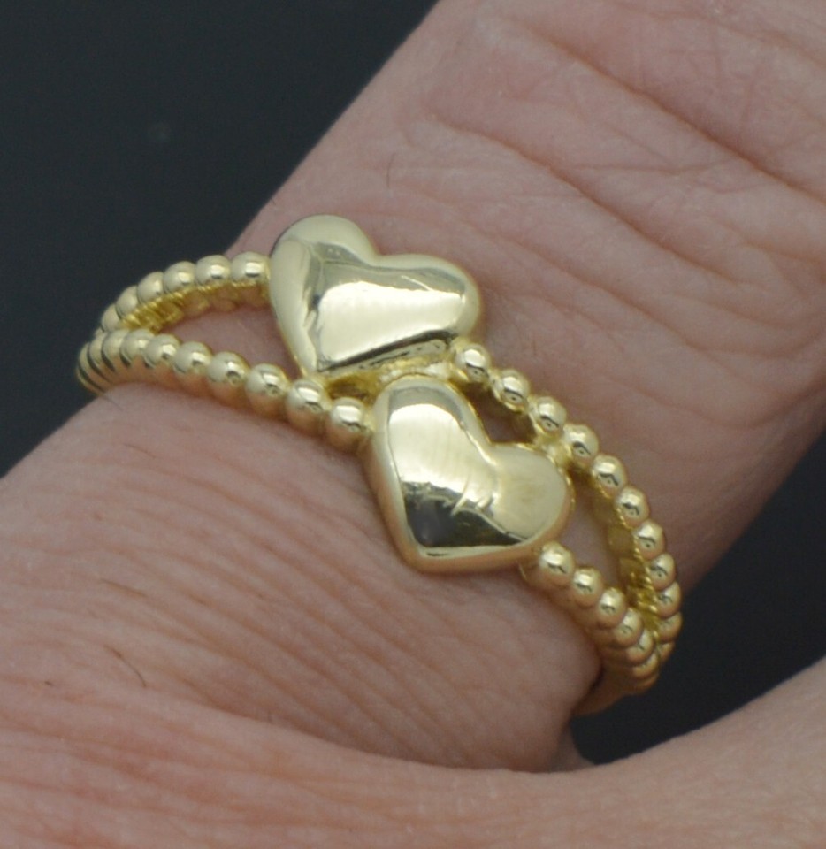 Solid 10k Yellow Gold Double Heart beat Stacking Ring all sizes. | eBay