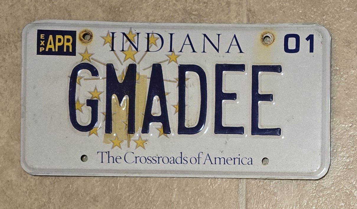 2001 Indiana license plate vanity personalized GMADEE Grandma Dee Diane ...