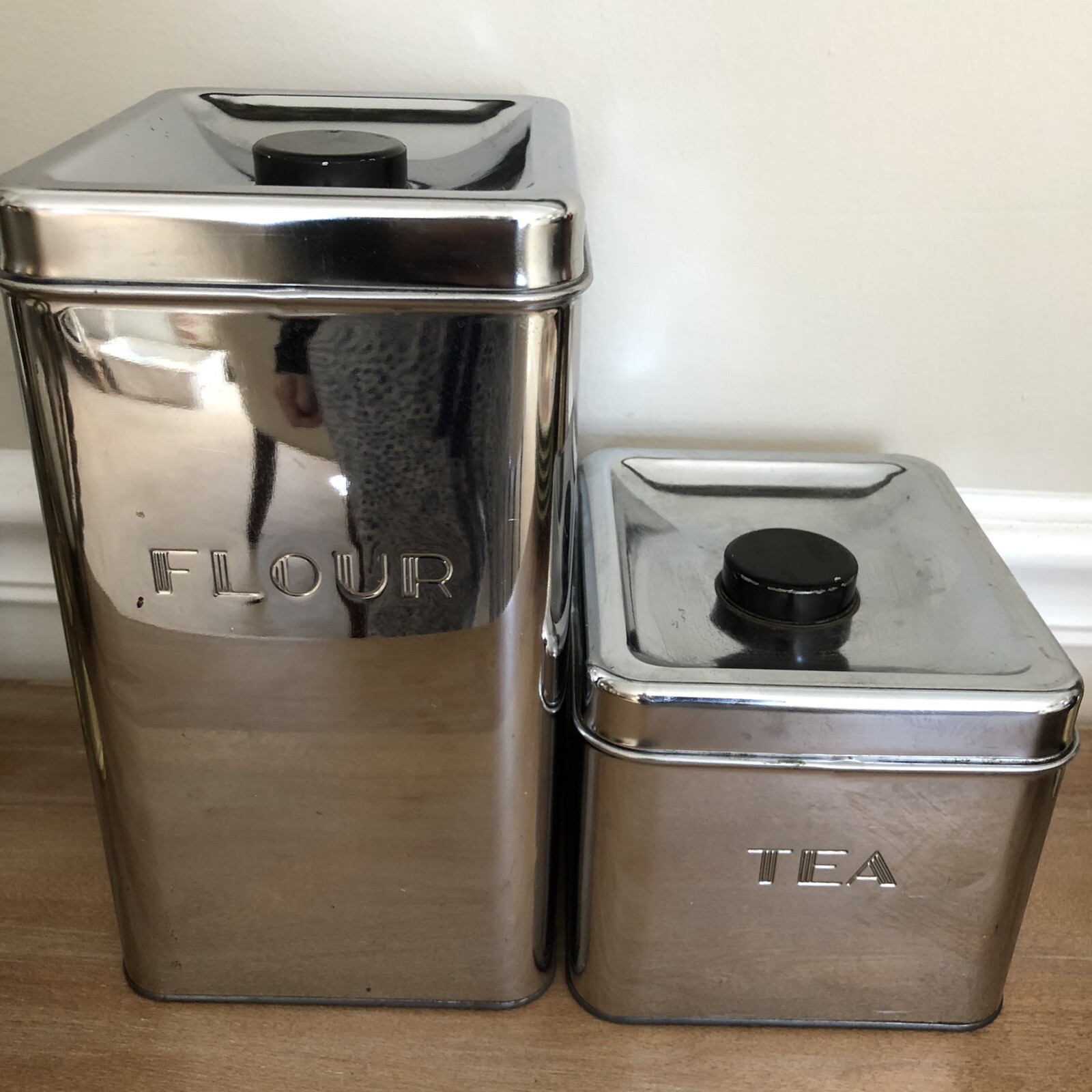 Set of 2 Vintage Retro Garner Ware Metal Chrome Canisters Flour Tea Mid ...