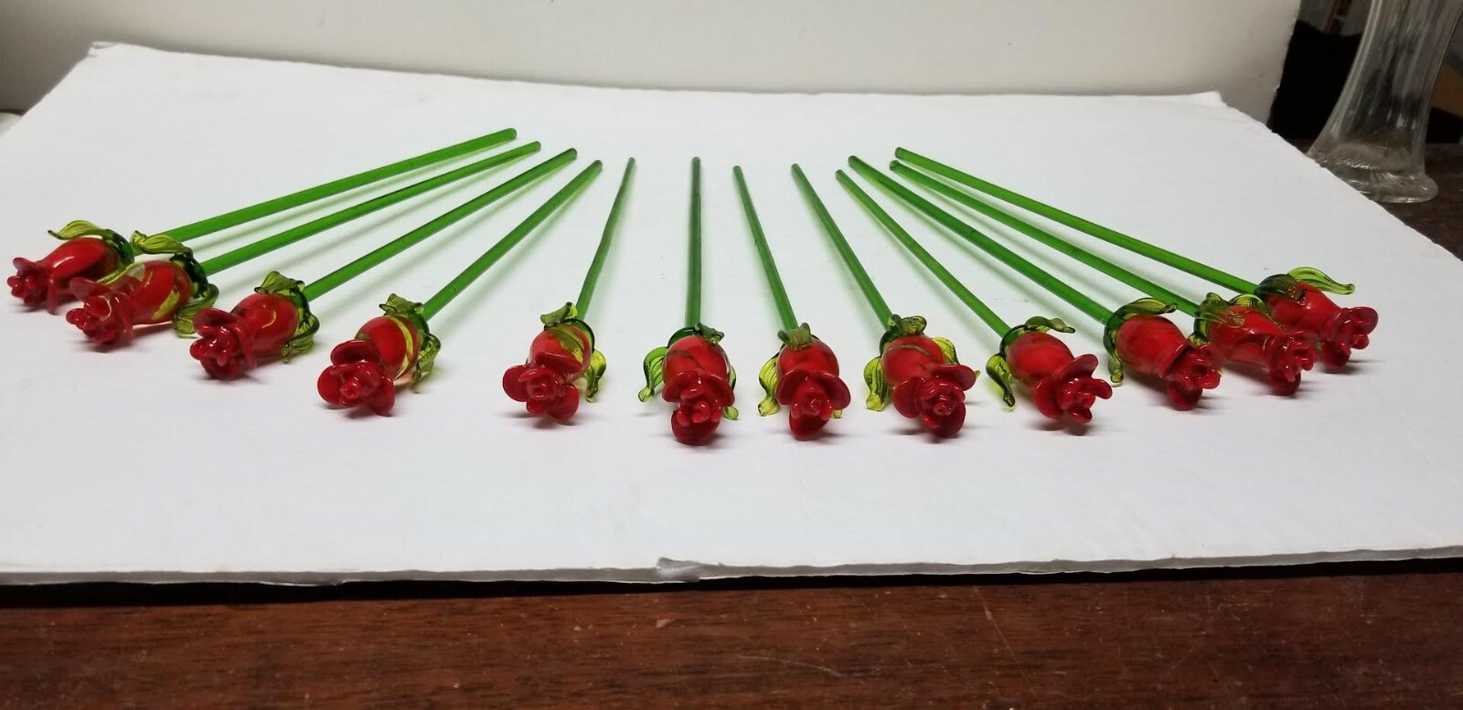 12 VENETIAN GLASS RED ROSE BUD 3 GREEN LEAVES LONG STEM GLASS FLOWERS ...
