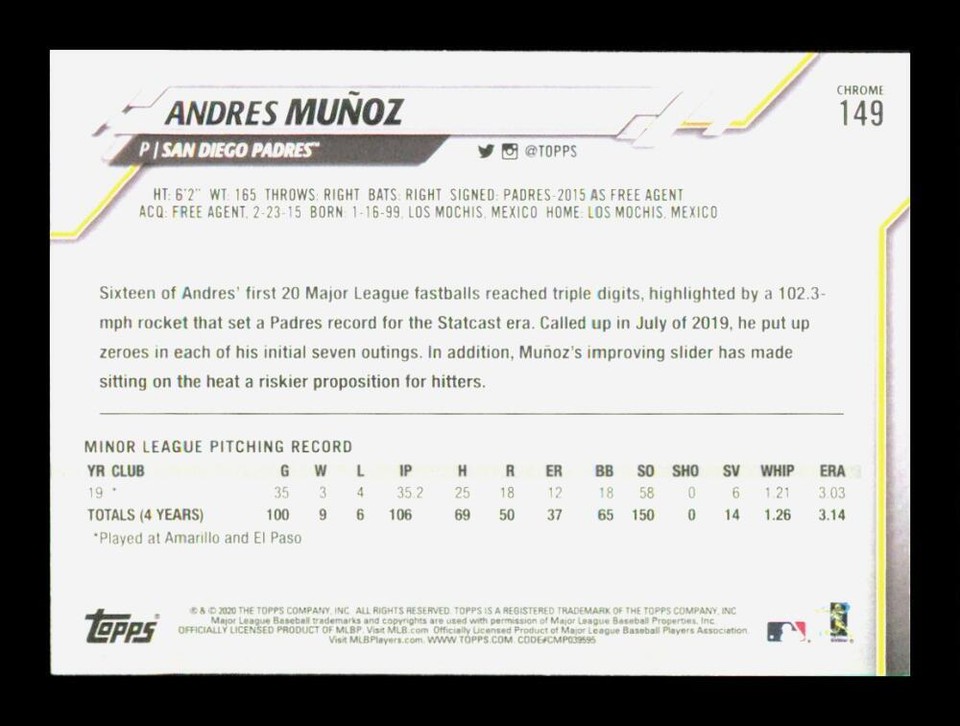 2020 Topps Chrome Andres Munoz #149 Rookie RC San Diego Padres | eBay