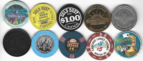 A MIXED LOT OF 10 DIFFERENT CASINO CHIPS AND TOKENS FROM CASINOS ALL ...