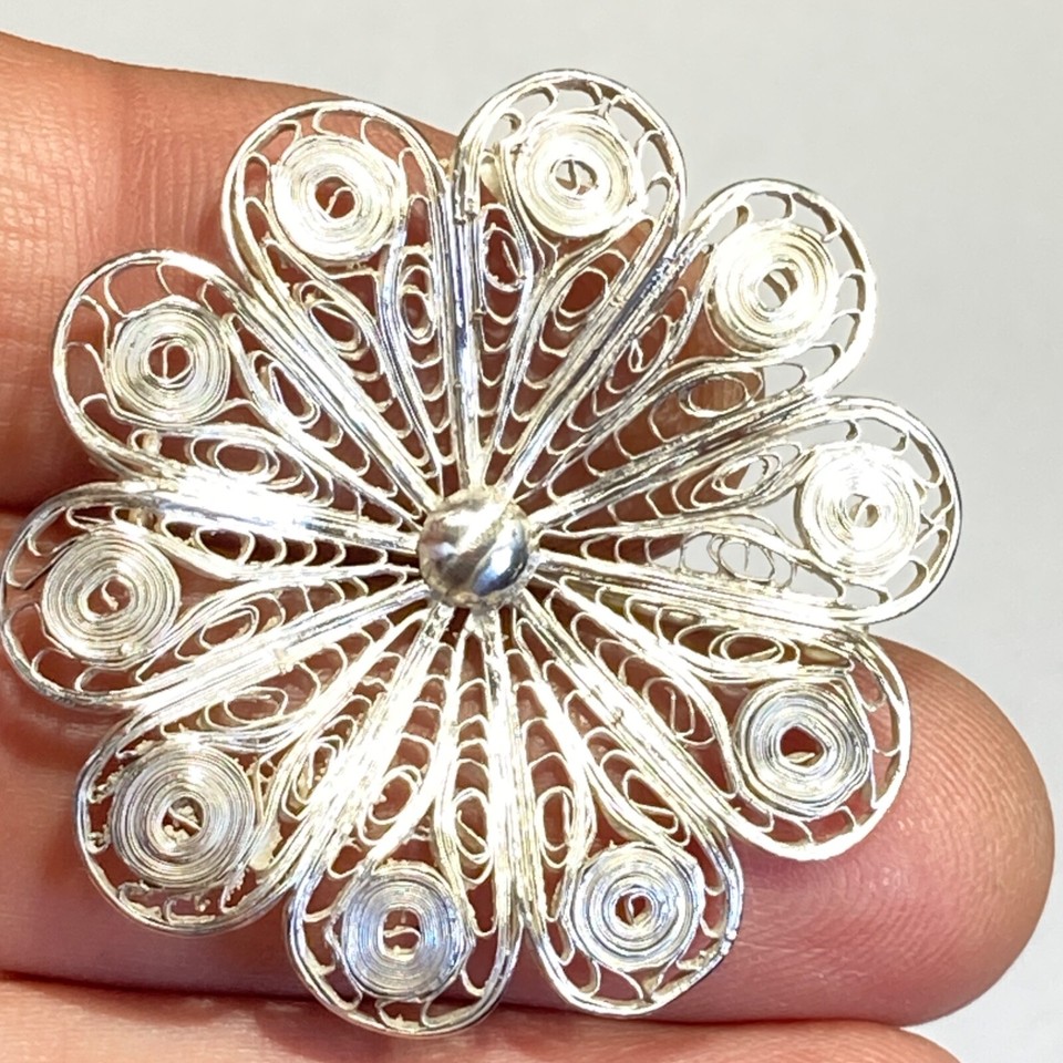 Filigree Flower Brooch Pin Handmade Tested Sterling Silver 925 1 5/8 ...