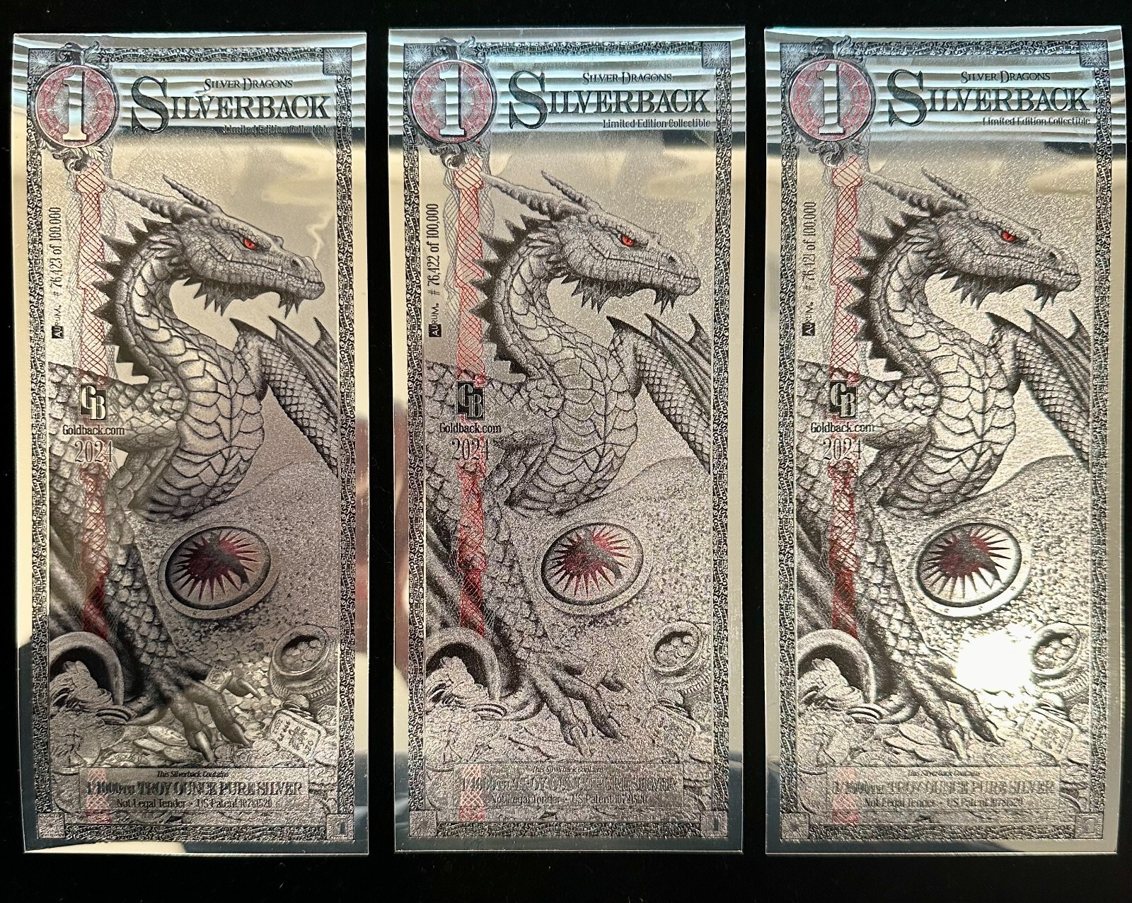 3X Silverback Dragon Limited Edition .999 Fine Silver Note Consecutive ...